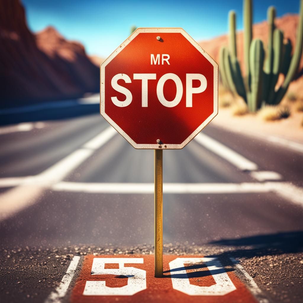Vibrant Desert Highway STOP Sign in Hyper-Realisti... - AI Art