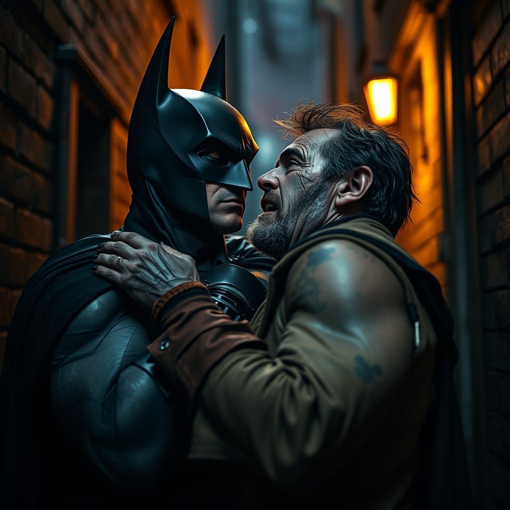 Gritty Batman Grasps Dirty Villain in Fiery Gotham... - AI Art