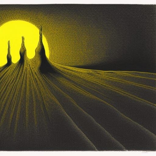 (Untitled) Eldritch Zdzisław Beksiński yellow and blue synthetism ink ...