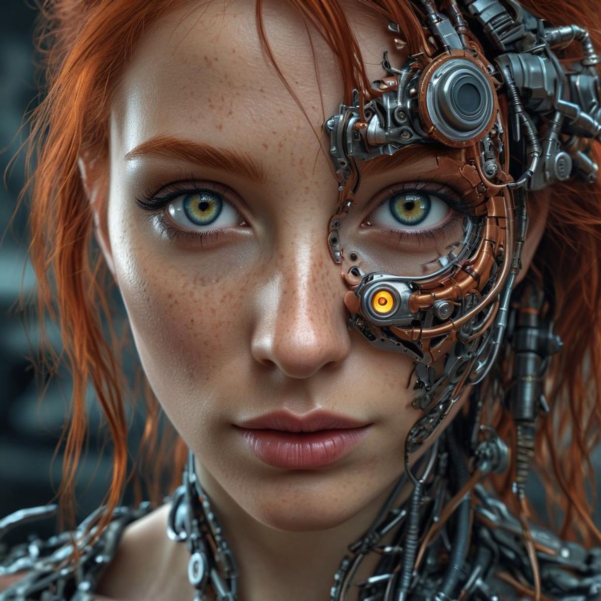 A snakelike beautiful red haired woman with electronic eyes and ...