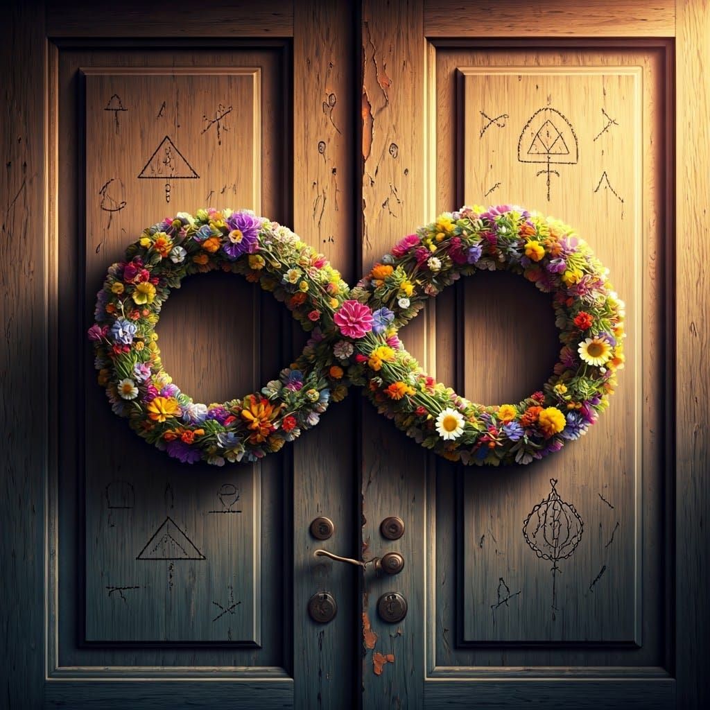 Floral Infinity Wreath Suspended on a Mystical Doo... - AI Art