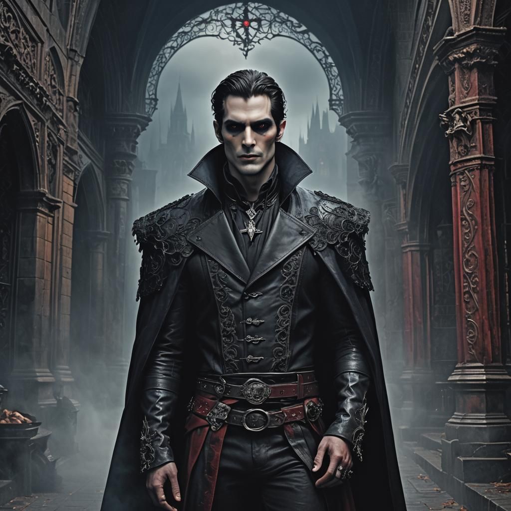 Vampire, light skin, dark style clothing made of black ornate leather ...