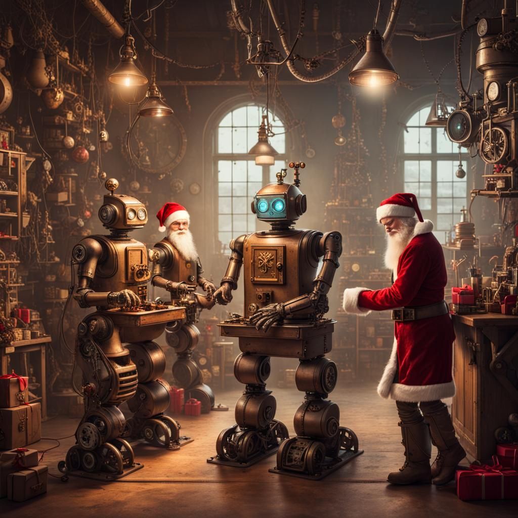 Robot Santa and his robot elves prepare gifts in their robotic ...