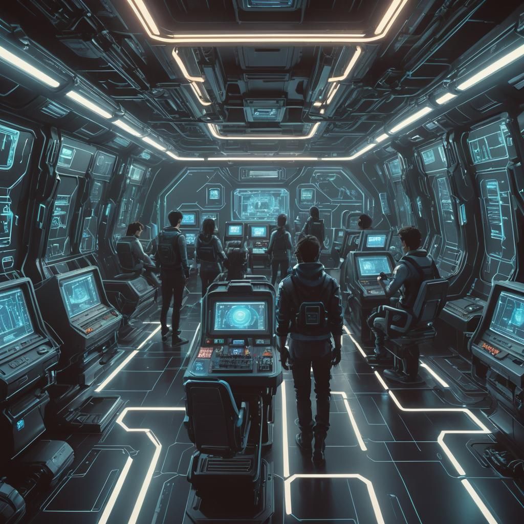 Cyberpunk Spacecraft Interior in Neon-Lit Metallic... - AI Art