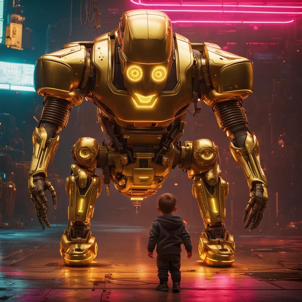 a baby in a giant golden robot - AI Generated Artwork - NightCafe Creator