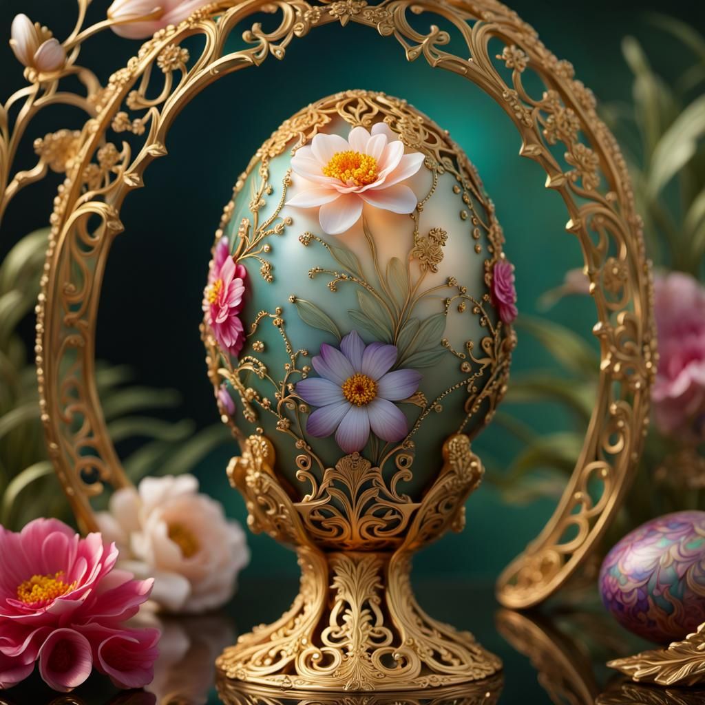 Resin egg encasing vibrant flowers, inspired by Fabergé craftsmanship ...