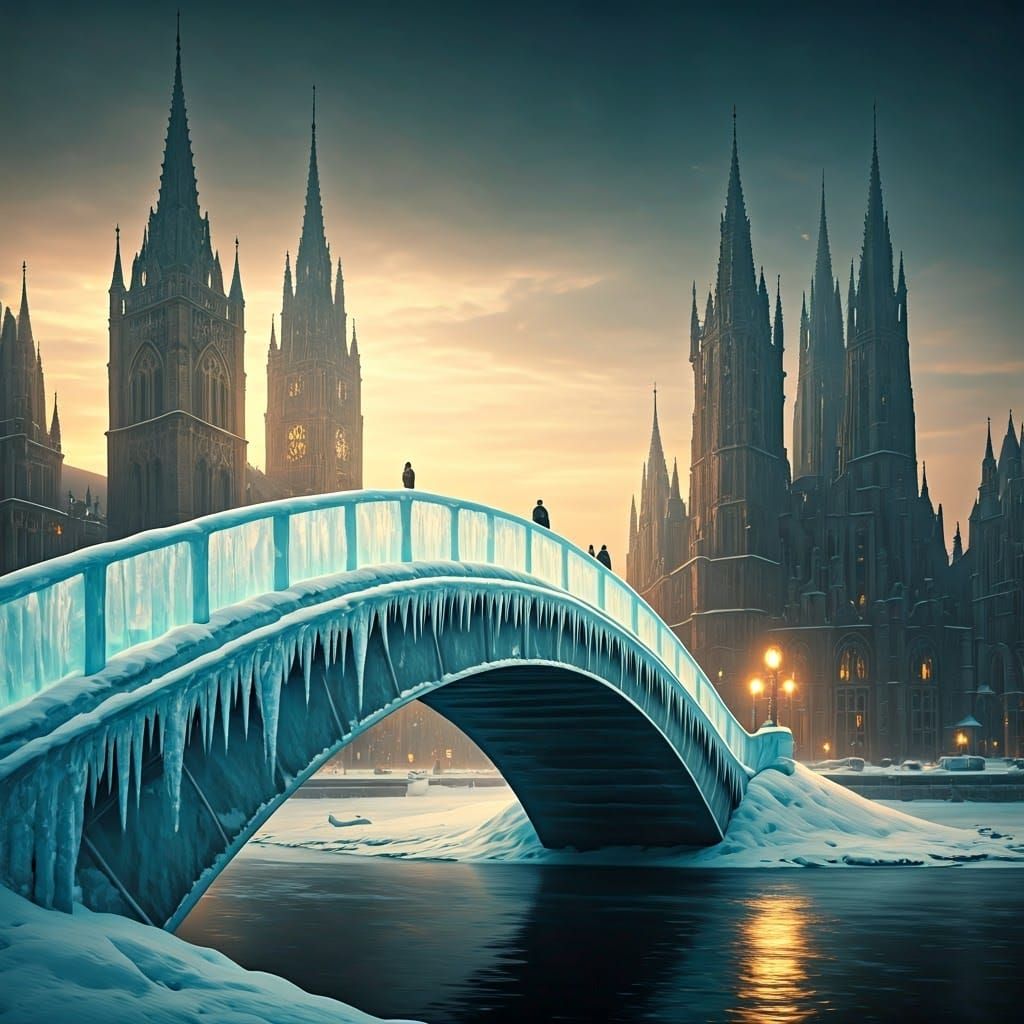 Ethereal Ice Bridge Over Snowy Cityscape - AI Art