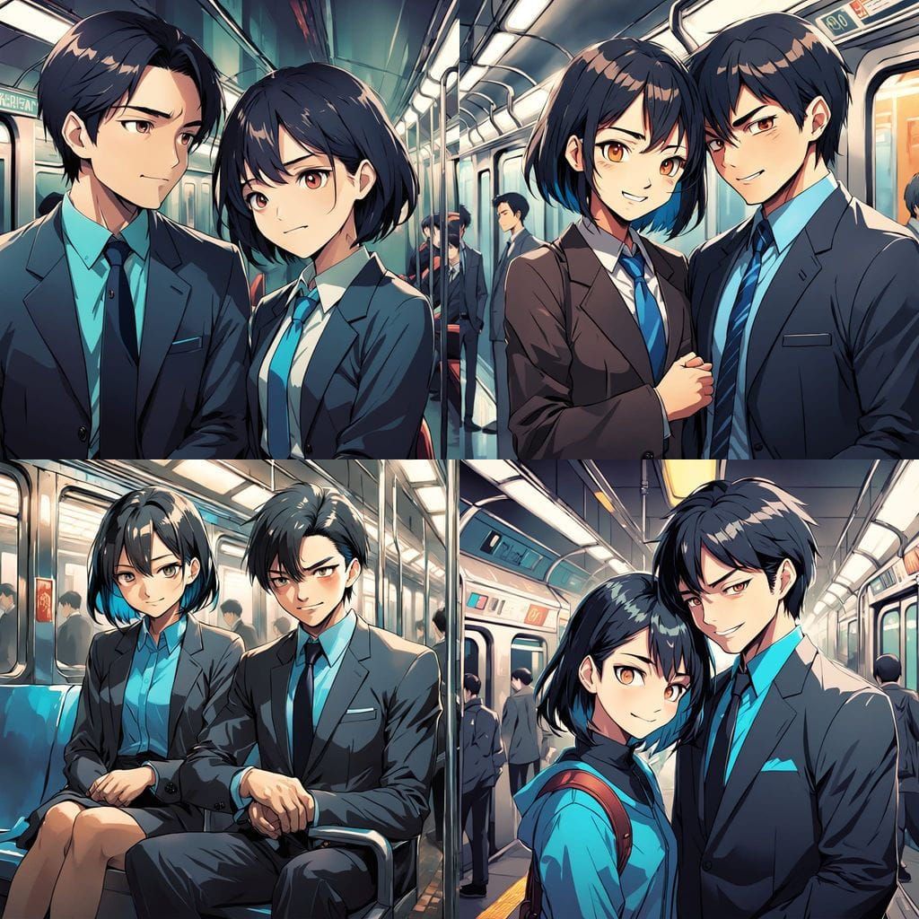 Couple in Subway Car, Manga-Inspired Style - AI Art