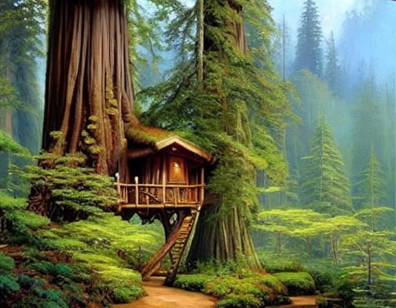 Ewok Treehouse Village in Ancient Redwood Forest - AI Art