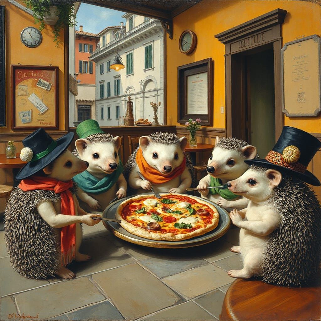Hedgehogs Enjoying Snail Pizza in Expressive Art S... - AI Art