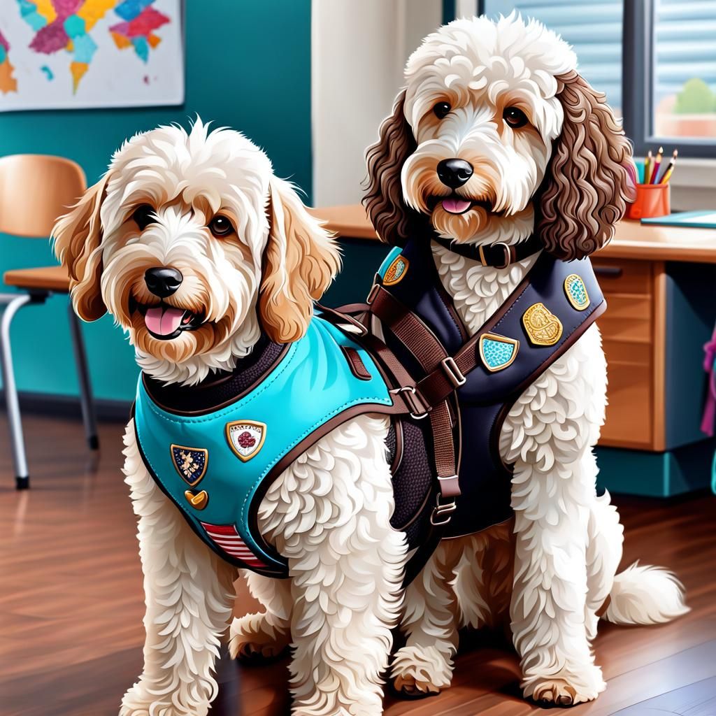 A diligent white and chocolate labradoodle wearing his emotional ...