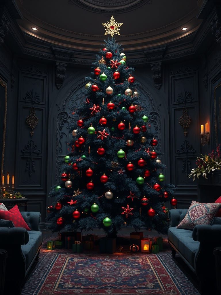 Gothic Black Christmas Tree with Red and Green Ornaments