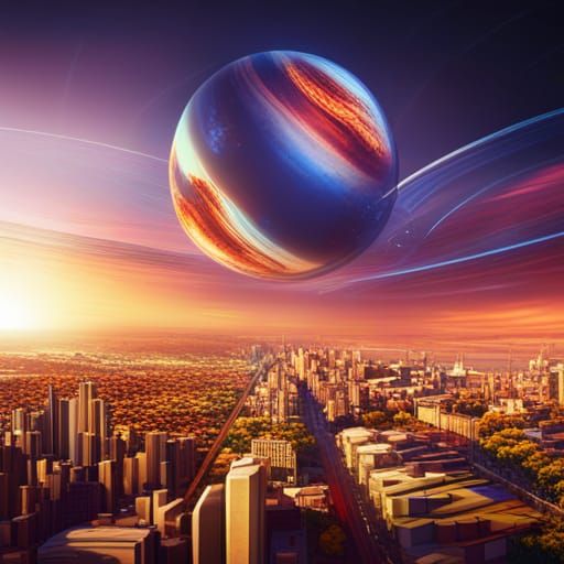 Space age floating coloured orb cars above sydney cityscape with autumn ...