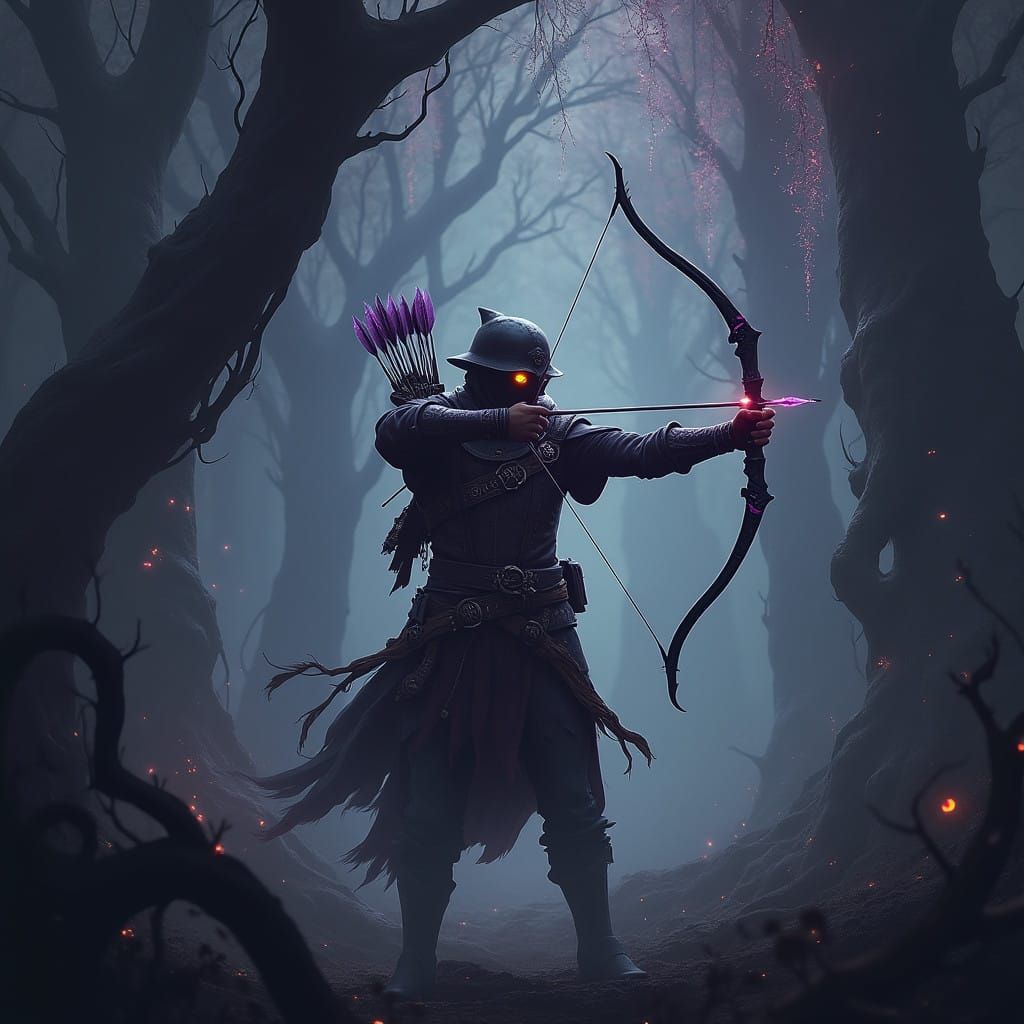 Mystical Ranger in Dark Forest, Silver-Toned Armor... - AI Art