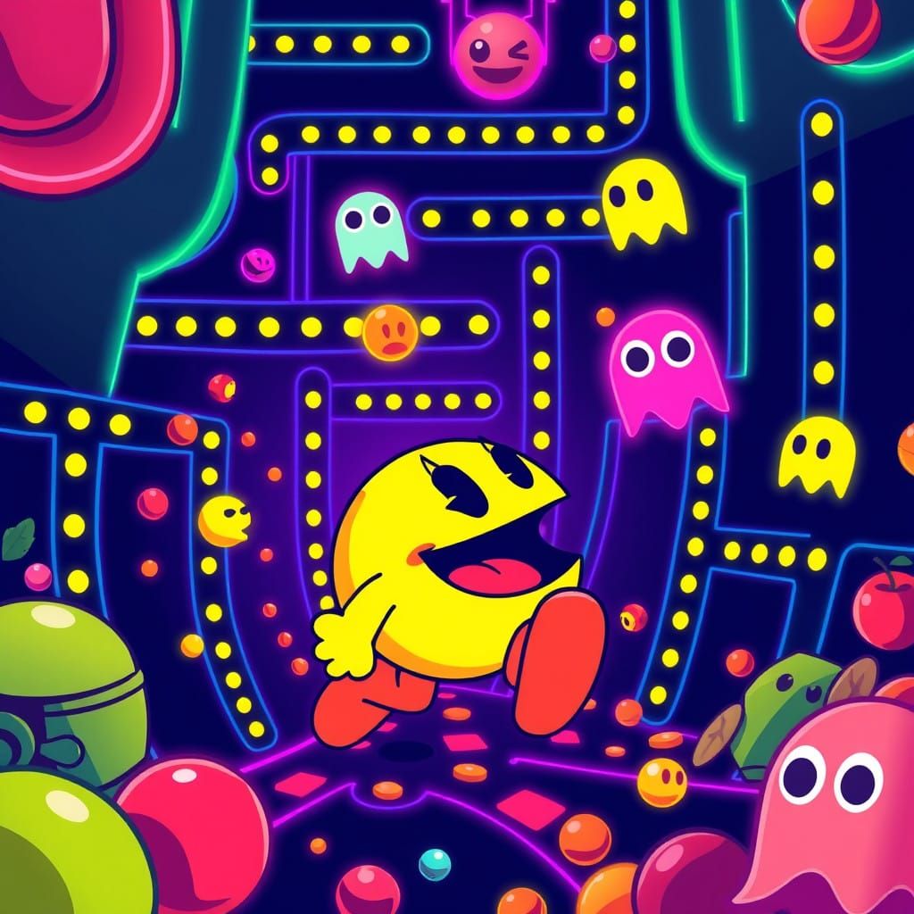 Pac-Man - Pixelated Pac-Man Navigates a Neon Maze in a Nos...