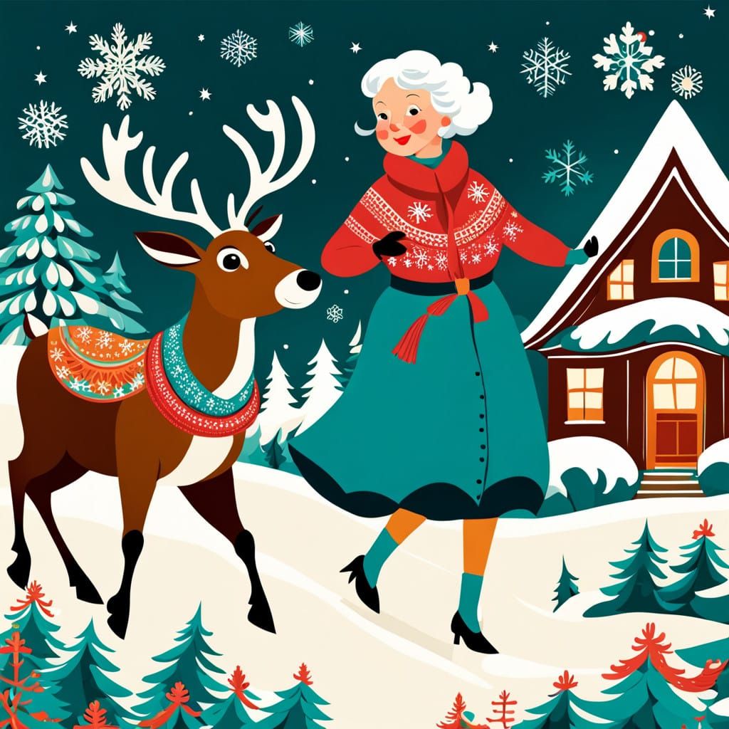 GrandMa Dancing with a Reindeer - Vintage Grandma Dancing w...