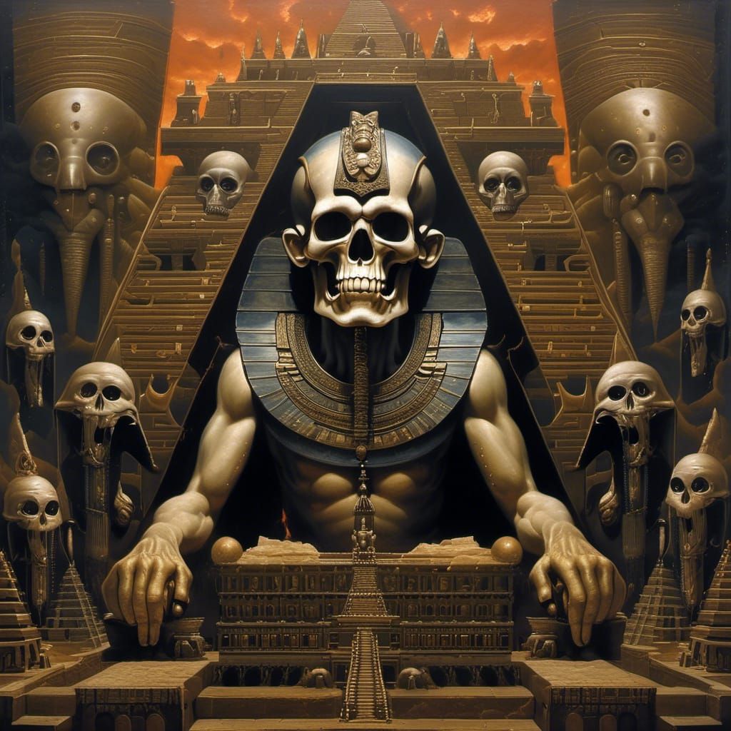 horror, death, metal, sphinx with a skull, pyramid, nile boats, seasons ...