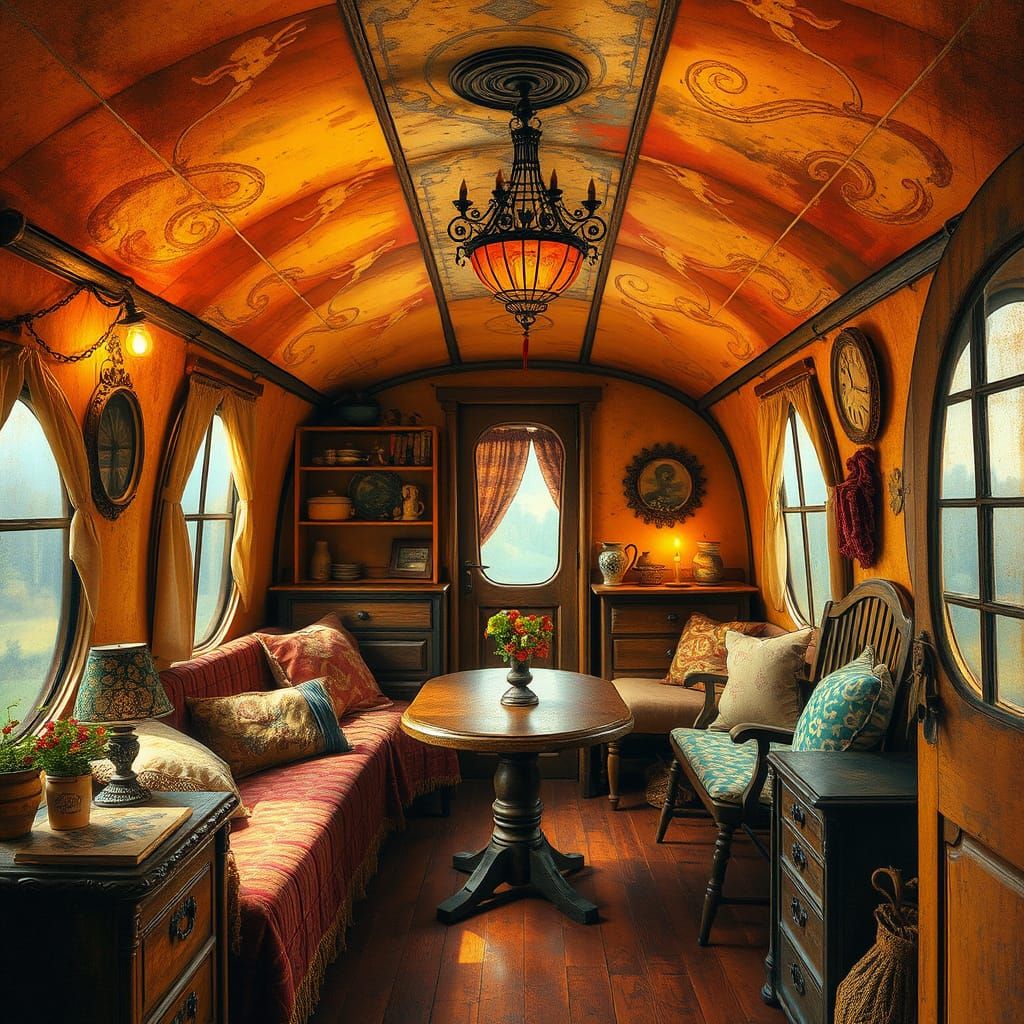 Whimsical Vintage Gypsy Wagon Interior in Dreamlik... - AI Art