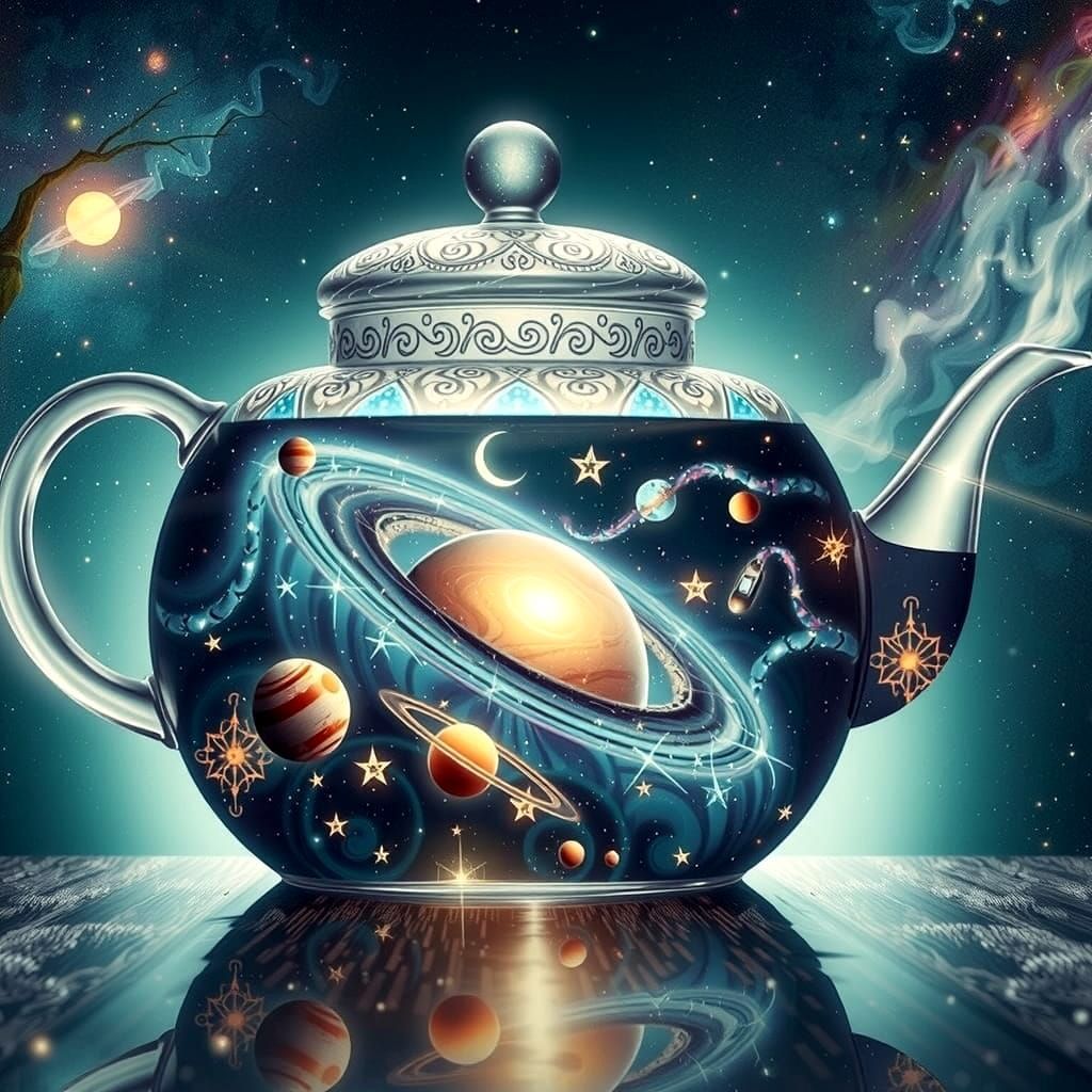 Teapot with the cosmos inside. Featuring galaxy, space and planets.