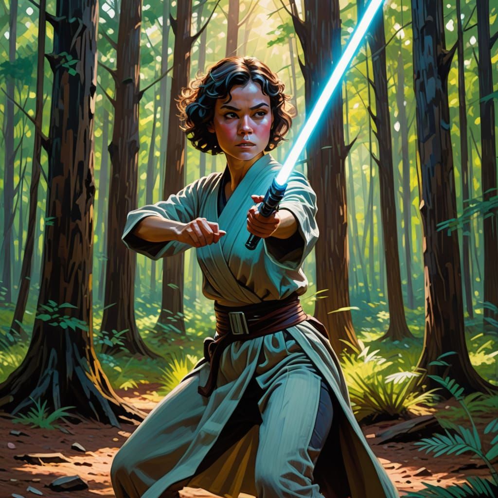 Young Jedi Padawan Trains with Lightsaber in Vibra... - AI Art