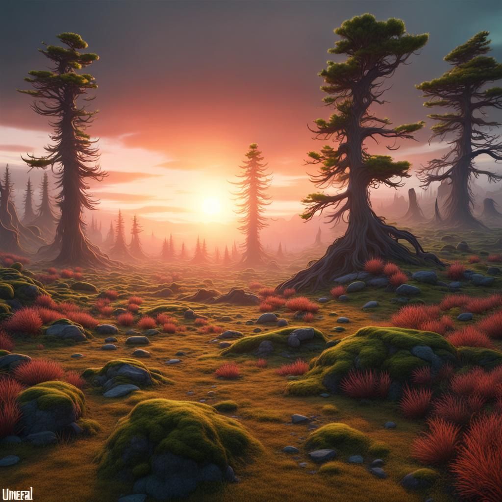 scary flat mossy tundra with alien pine trees scattered. Sunset - AI ...