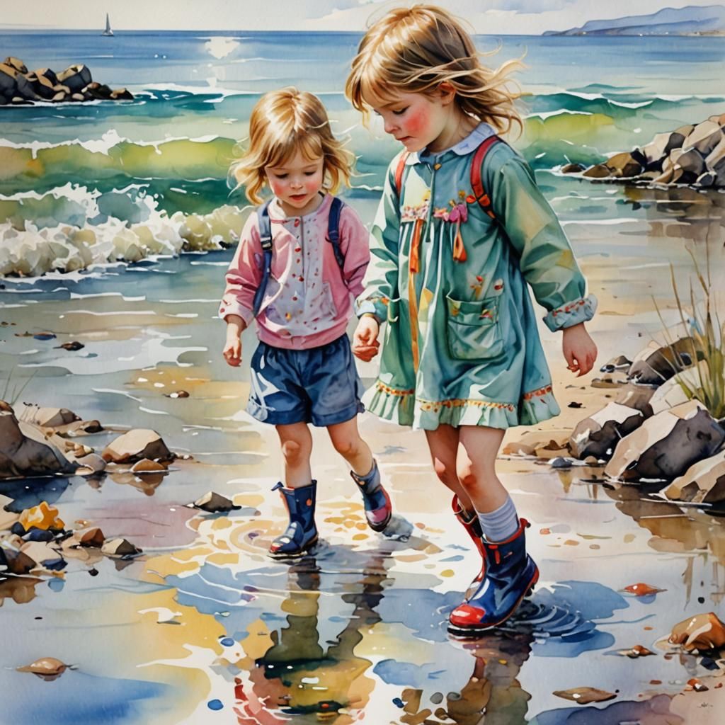 Whimsical Shore Scene in Pastel Watercolours - AI Art