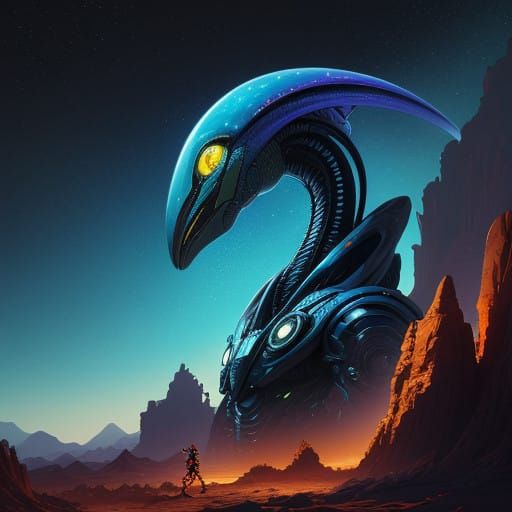 Electric Phoenix Alien in Cyberpunk Desert Landsca... - AI Art