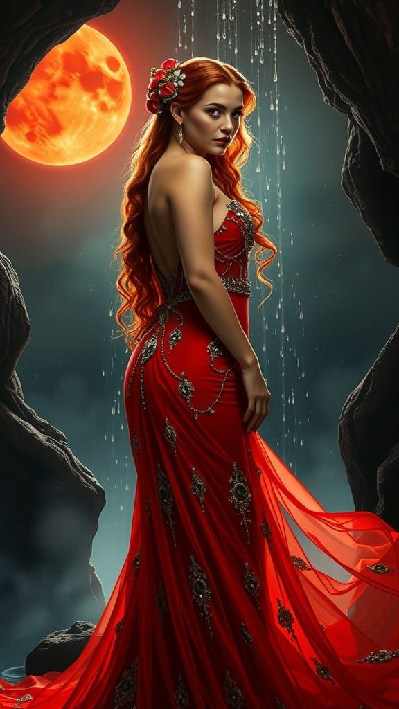 Sensual Goddess Unleashed Under Blood Moon - AI Art