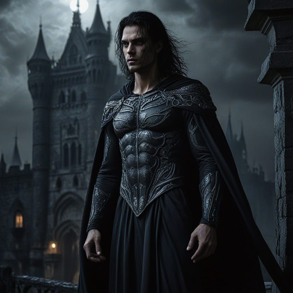 Gothic Dark Knight with Captive Beauty in Shadows - AI Art