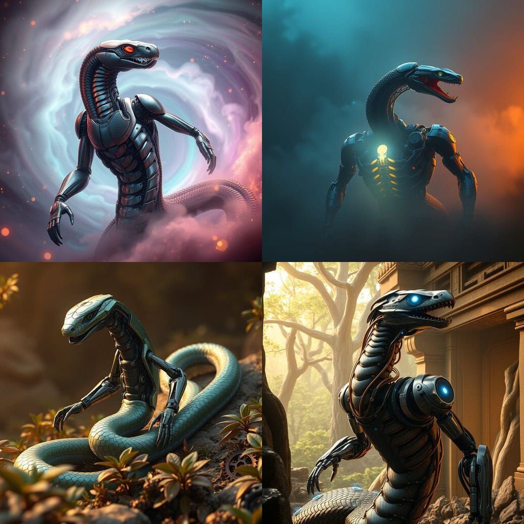 Humanoid Robot Snake in Vibrant Fantasy Landscape - AI Art