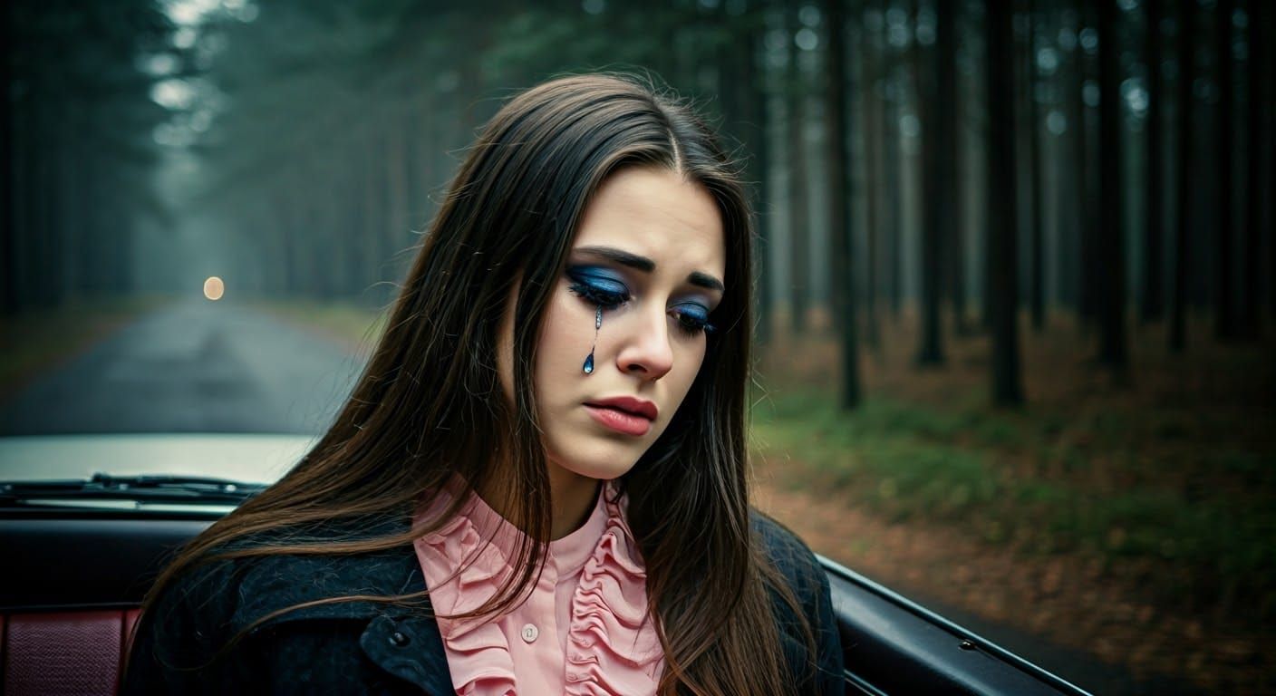 A young woman with thin, dark, long straight brown hair, middle parted ...