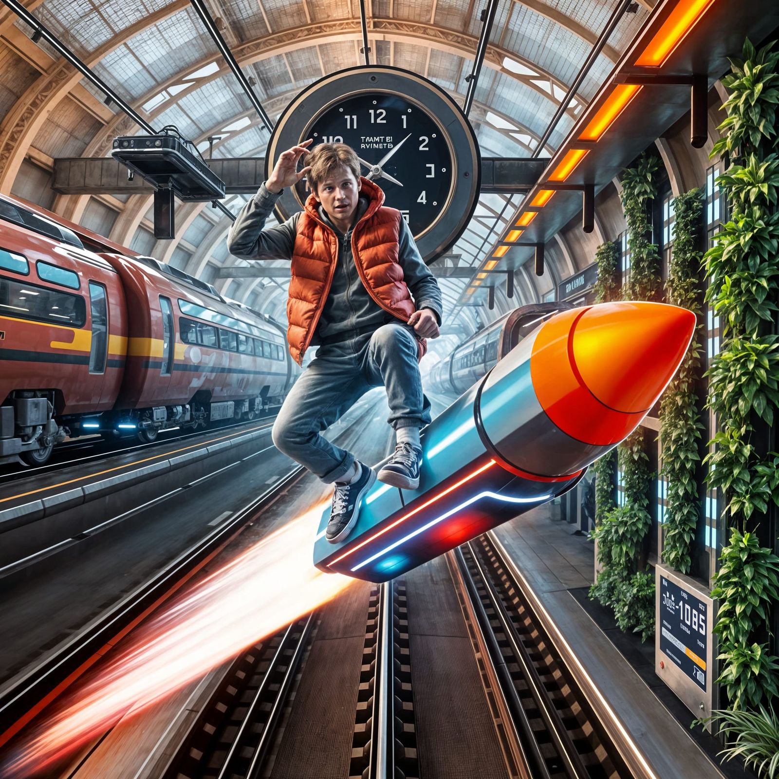 Marty McFly rides a rocket-shaped hoverboard in the year 2025