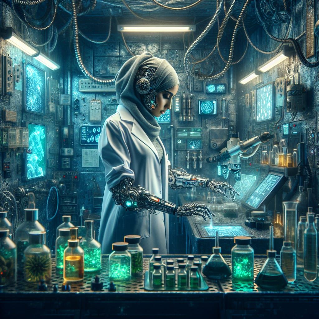 A biopunk style scene featuring a woman doctor working in a laboratory ...