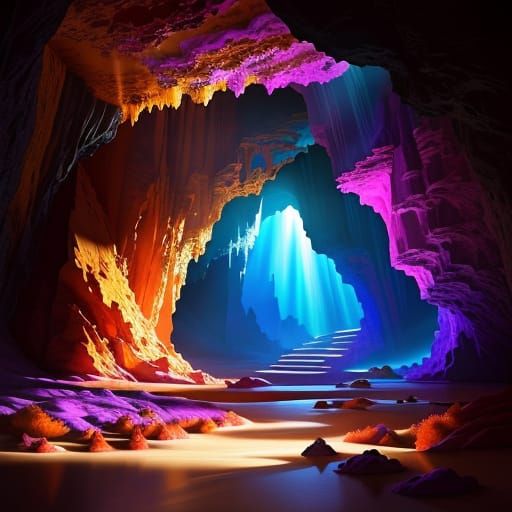 Vibrant Cave Illuminated by Warm Sunlight in Oil P... - AI Art