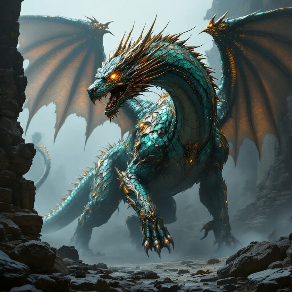 Hyper-Realistic Metallic Dragons Amidst Ancient Ru... - AI Art
