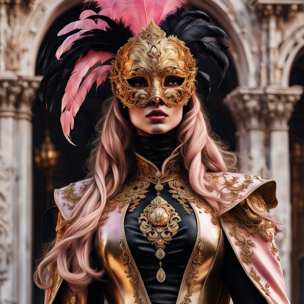 female fashion whole body figure in venice full face mask, gold, pink ...