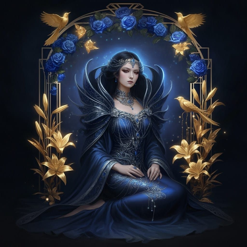 Sorceress in Midnight Blue and Silver Robes Surrou... - AI Art