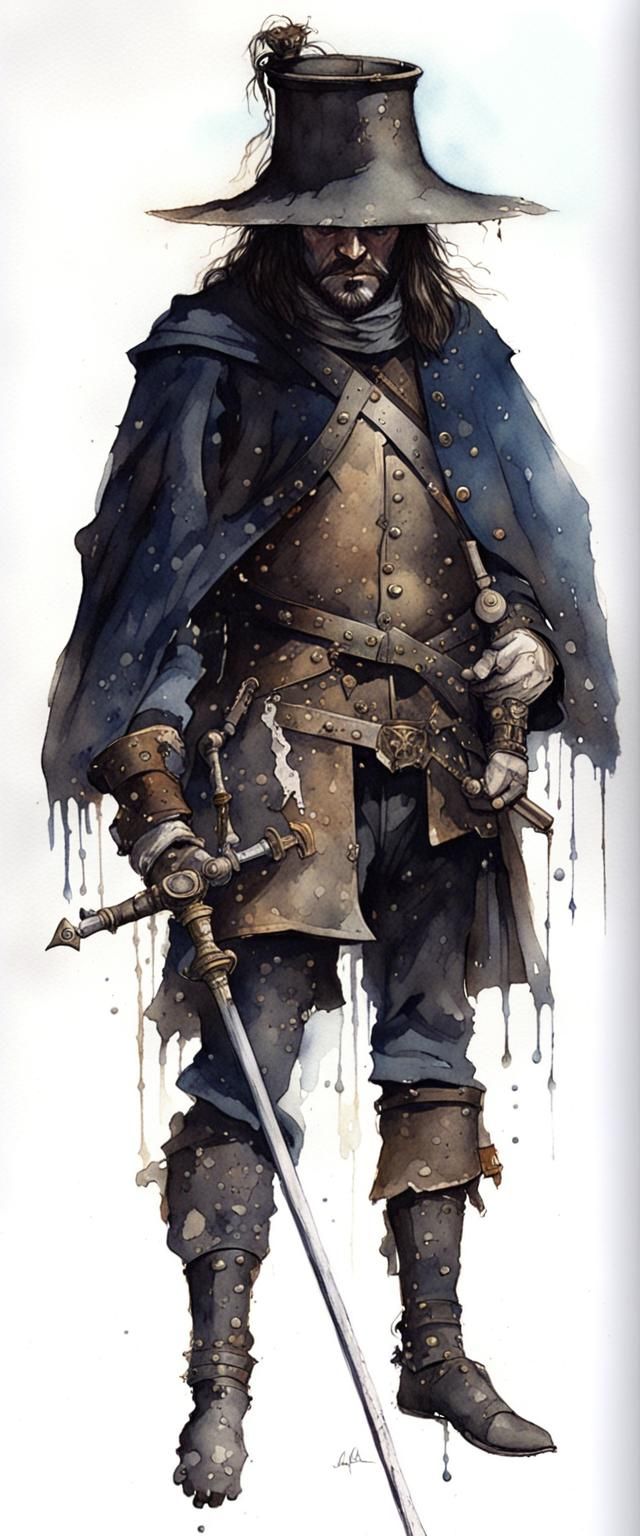 Musketeer, bleak warrior, dark garbed assassin, rapier, buckler, loose ...