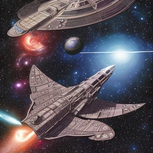 Intricate intergalactic spaceship floating through an intricate spiral ...