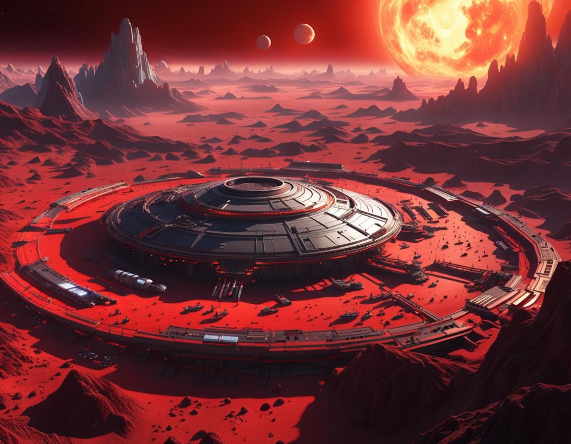 Massive space habitat on an alien exoplanet with a red dwarf sun in the ...