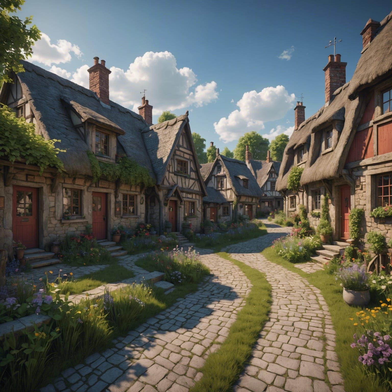 A cute HDRI of a little town with cottages and dirth paths, HDRI ...