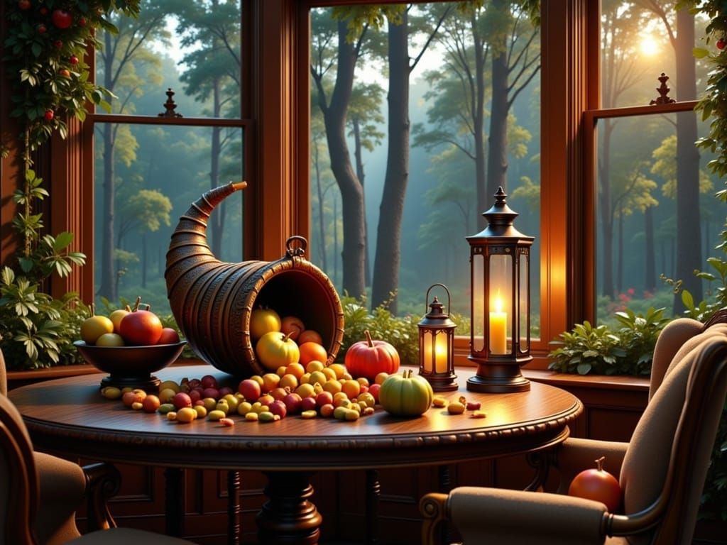 A Grand Cornucopia in a Cozy Mansion Bay Window - AI Art