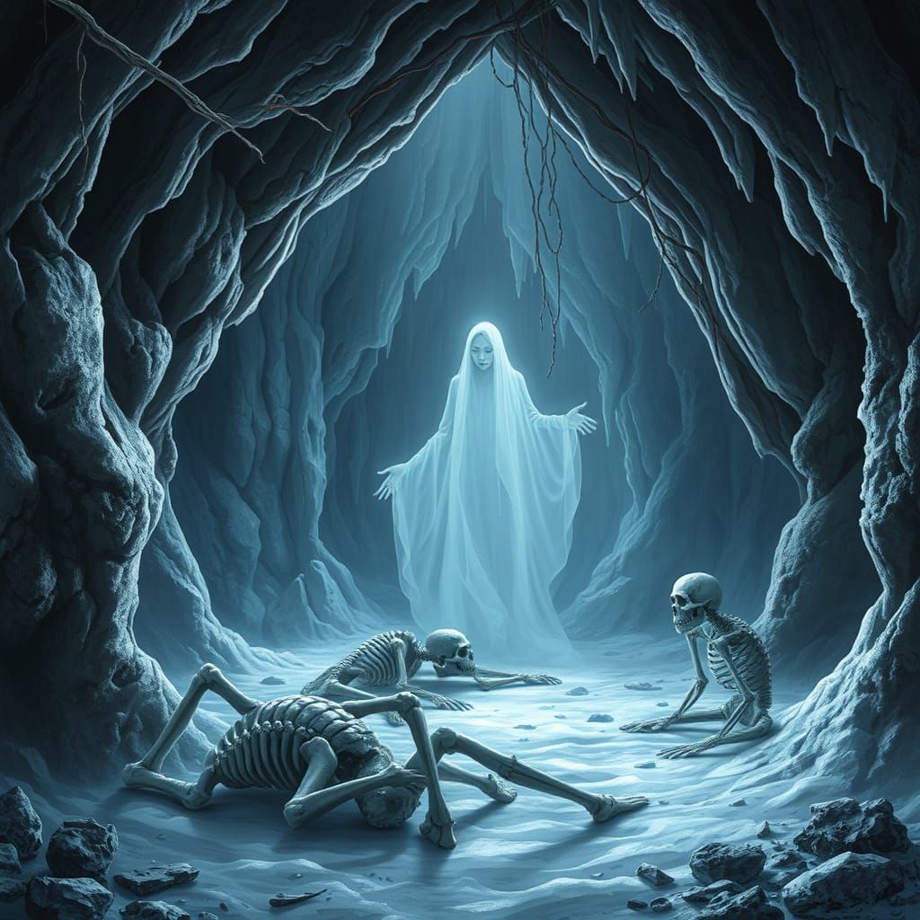 Elven Ghost Mourns Fallen Family in Icy Cave - AI Art