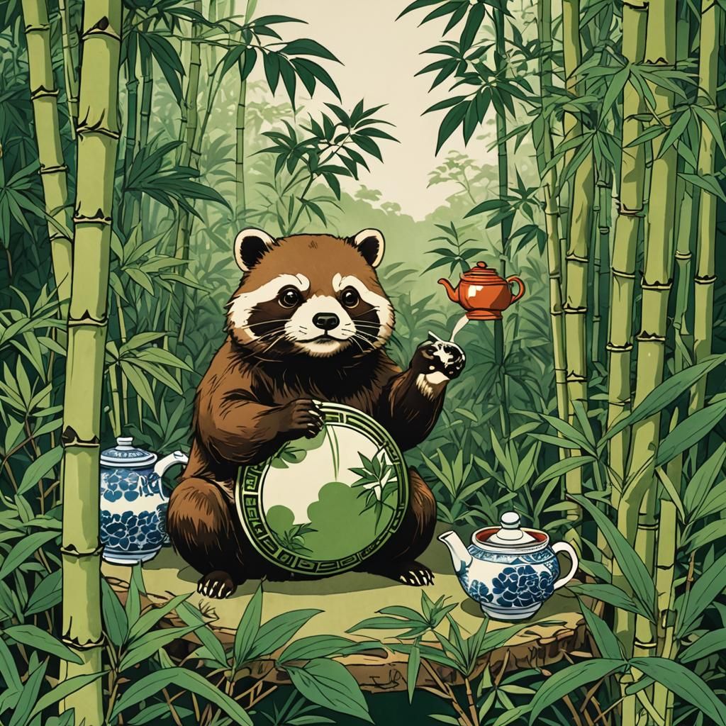 Tanuki forming into a teapot, surrounded by lush bamboo leaves. - AI ...