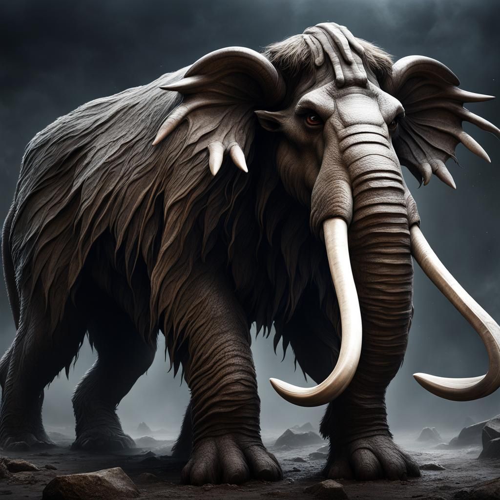 Award-winning masterpiece meticulously detailed Enraged mammoth, dark ...