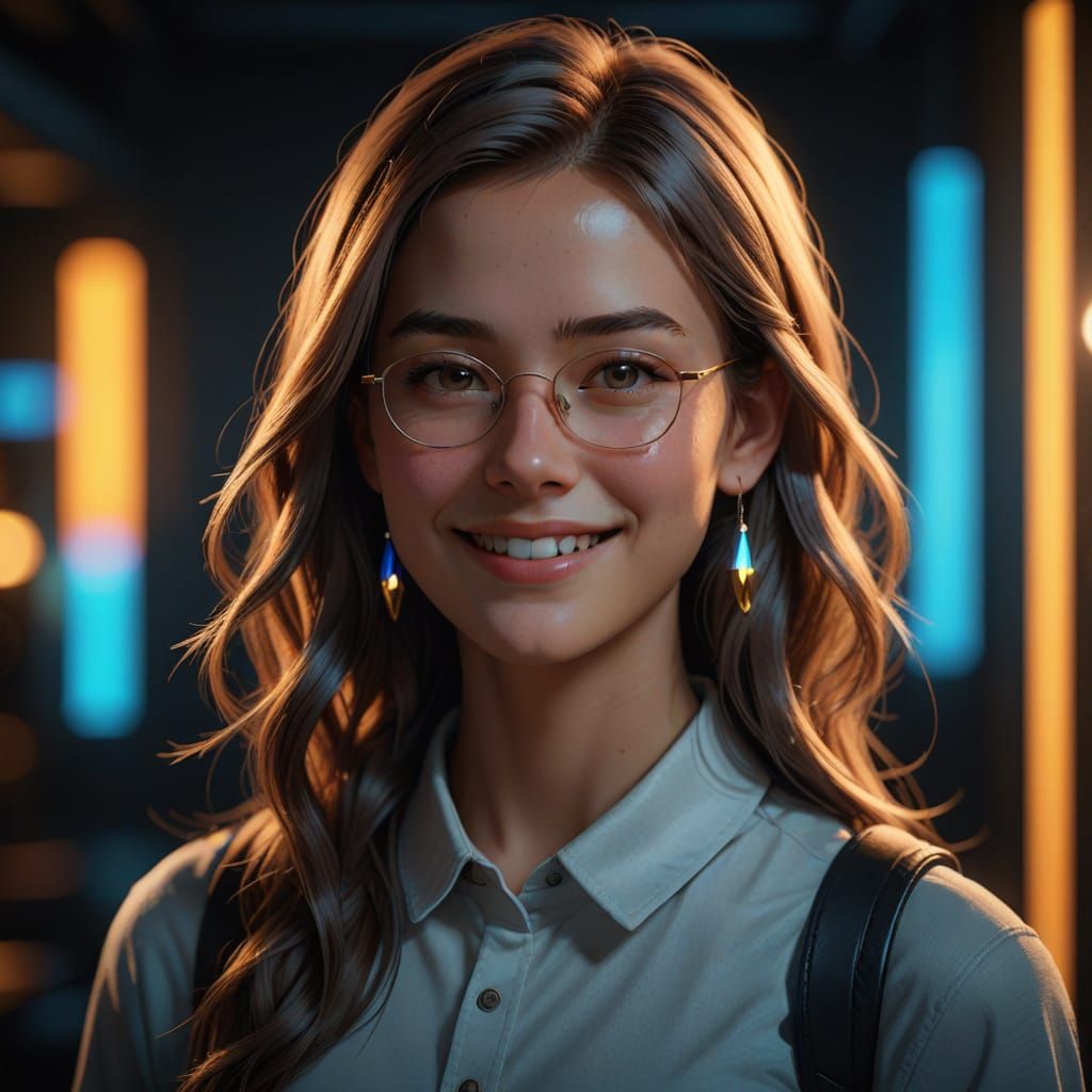 Smiling female with glasses - Cinematic Anime Art of a Happy...