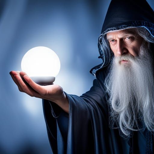 Closeup of Merlin the Wizard in the forest on a foggy night, crystal ...