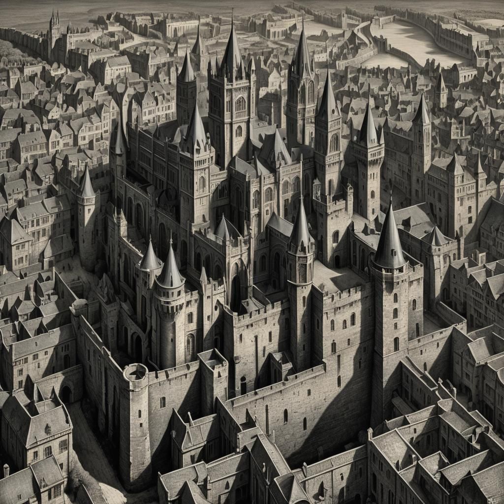 Mighty medieval walled city, walled fortress castle at its center ...