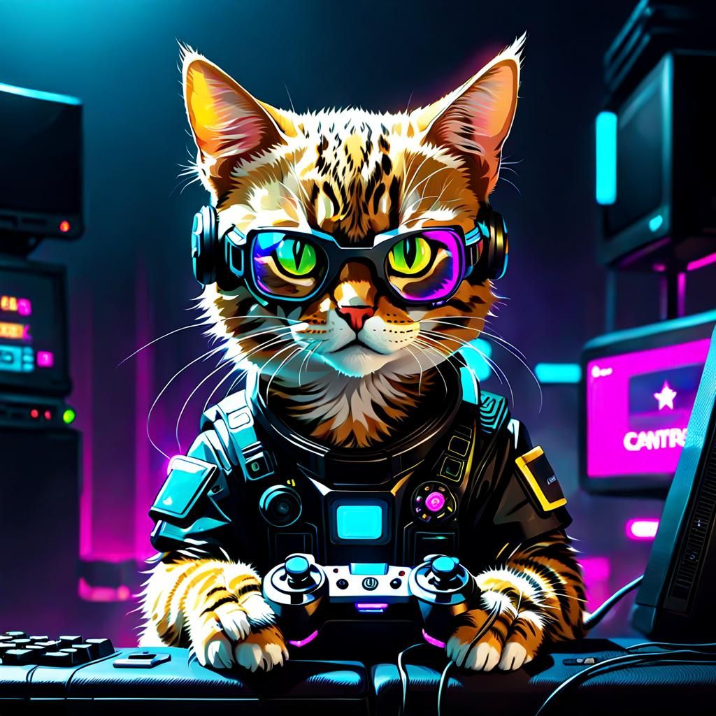 Cyberpunk cat playing video games - AI Generated Artwork - NightCafe ...