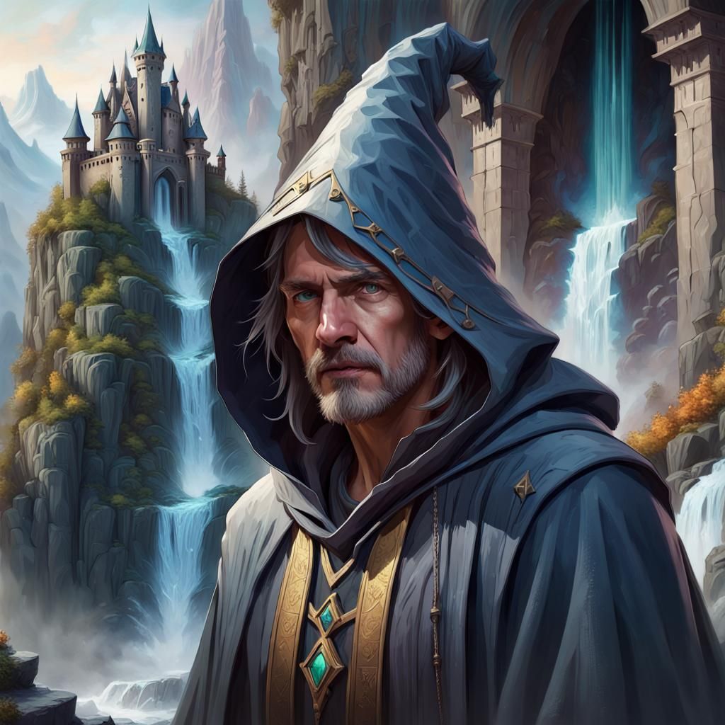 Painterly style fantasy art castle on a mountain with roaring waterfall ...